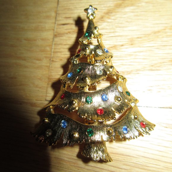JJ | Jewelry | Vintage Gold Tone Jj Rhinestone Christmas Tree Pinbrooch ...